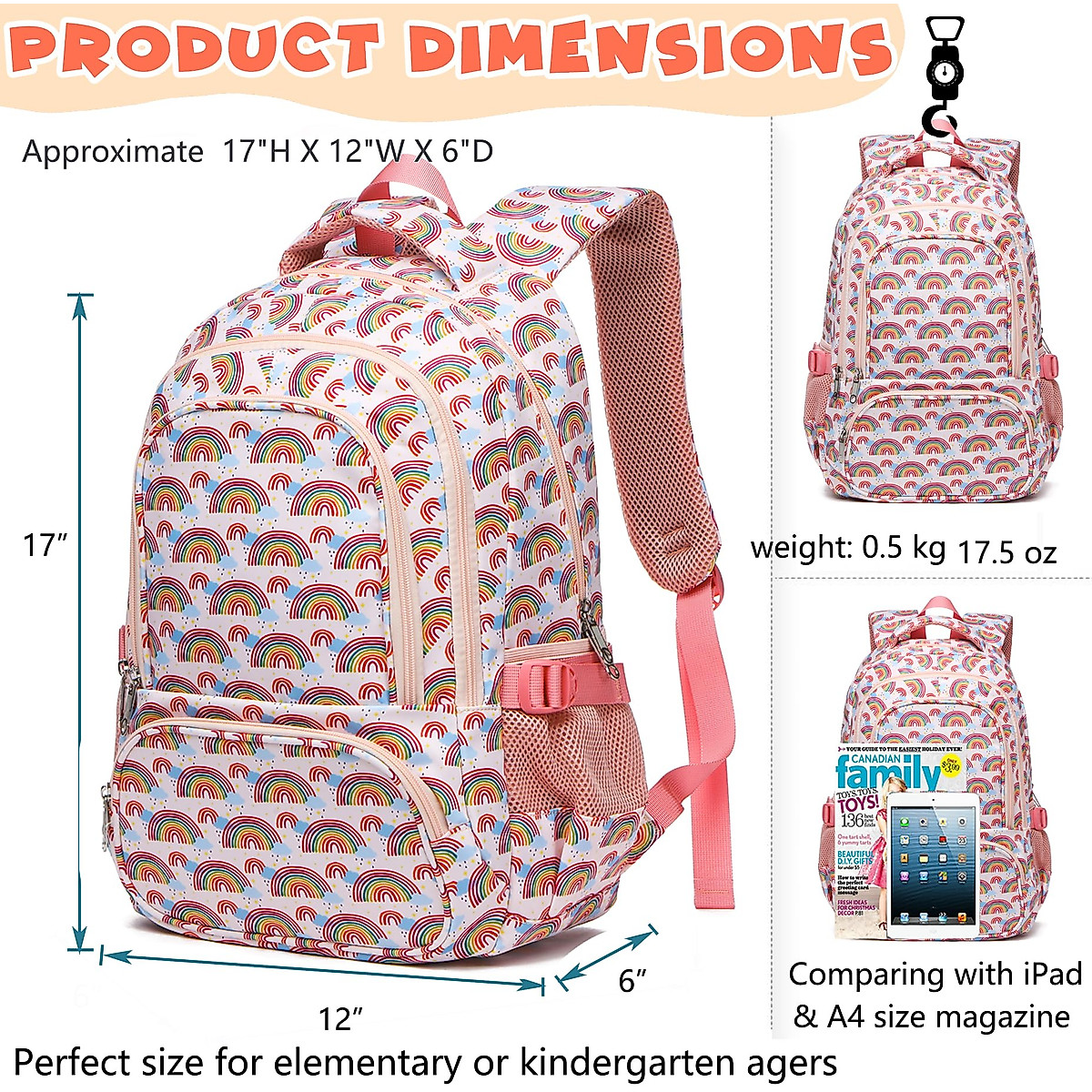 BLUEFAIRY School Backpack for Girls Backpack Kids Elementary Middle School Book Bags Bookbags Back to School Cute Gifts Mochila para Niñas 17" Rainbow Beige