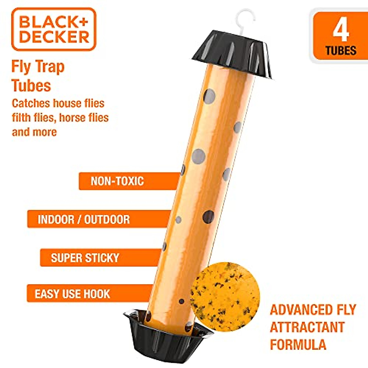 BLACK+DECKER Fly Traps Outdoor & Fly Trap Tubes for Indoors- Hanging Fly Sticky Trap Sticks for Catching House Flies, Horse Flies, Gnats, Mosquitoes & Other Insects- Pre-Baited, 4 Pack