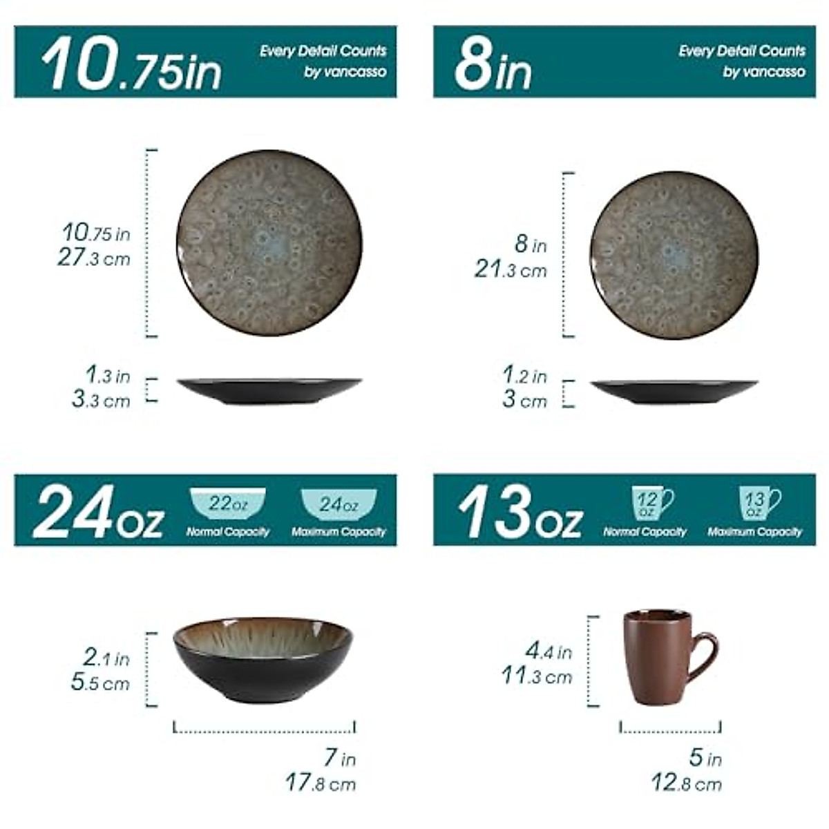 vancasso Bubble Dinnerware Sets 16-Piece - Plates and Bowls Set for 4 Dish Service Tableware Set, Microwave and Dishwasher Safe, Brown