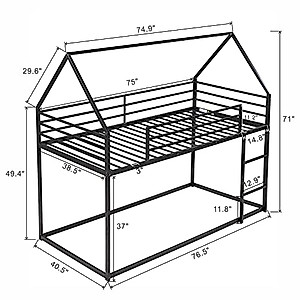 OPTOUGH Twin Over Twin House Bunk Bed with Built-in Ladder, Metal Low Bunk Bed for Kids Girls Boys, Black