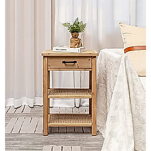 Brown Natural Solid Wood End Table with Drawer, Industrial Nightstand Sofa Side Table with 2 Tier Rattan Shelf, Fit for Bedroom, Living Room