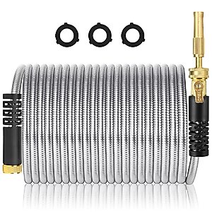 GREENER 50FT Metal Garden Hose, Easy Handle Stainless Steel Hose Heavy Duty Water Hose with Brass Swivel Spout, Lightweight, Easy to Coil, Kink Free, Rust Proof Hose for Yard