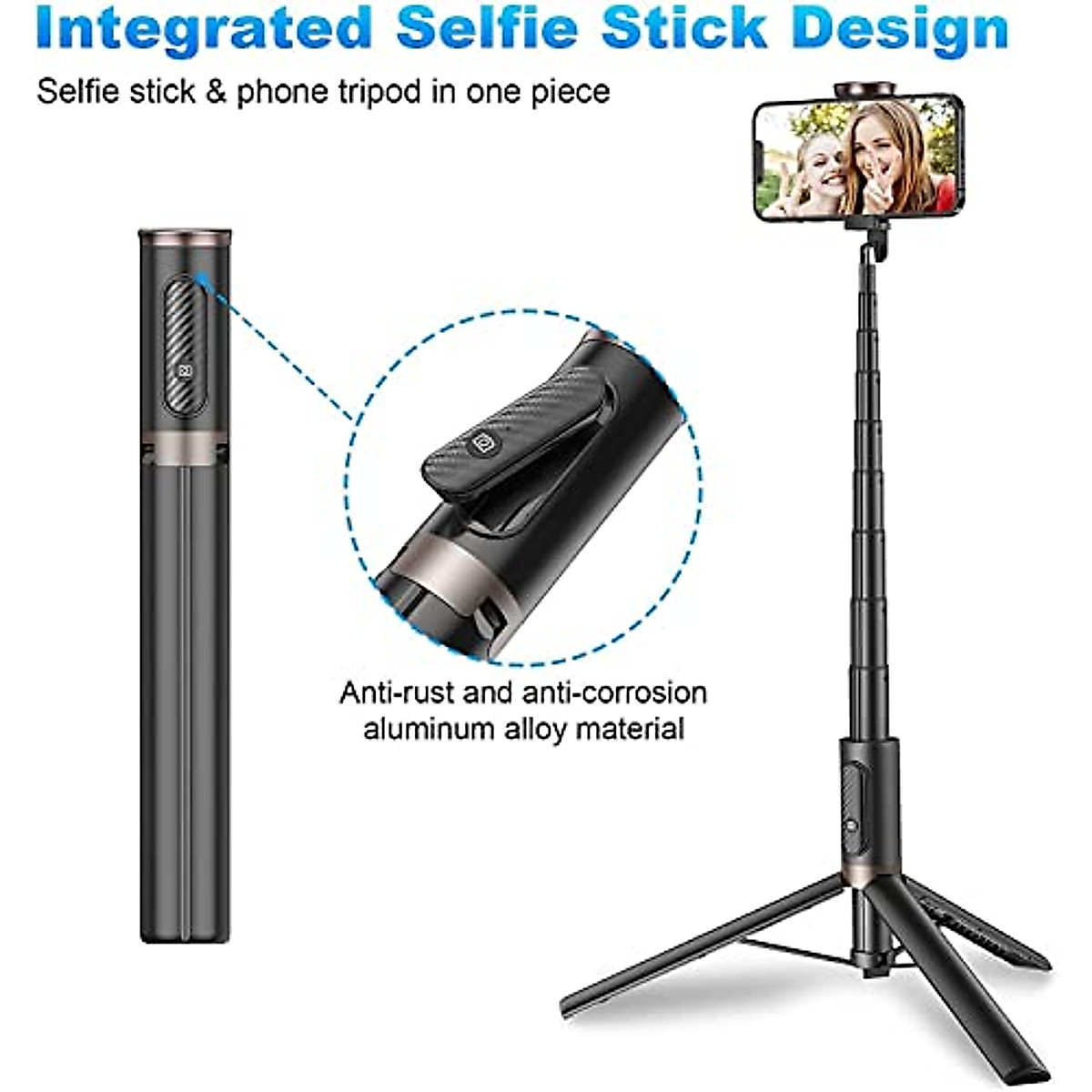TONEOF 60" Cell Phone Selfie Stick Tripod,Smartphone Tripod Stand All-in-1 with Integrated Wireless Remote,Portable,Lightweight,Tall Extendable Phone Tripod for 4''-7'' iPhone and Android Phones