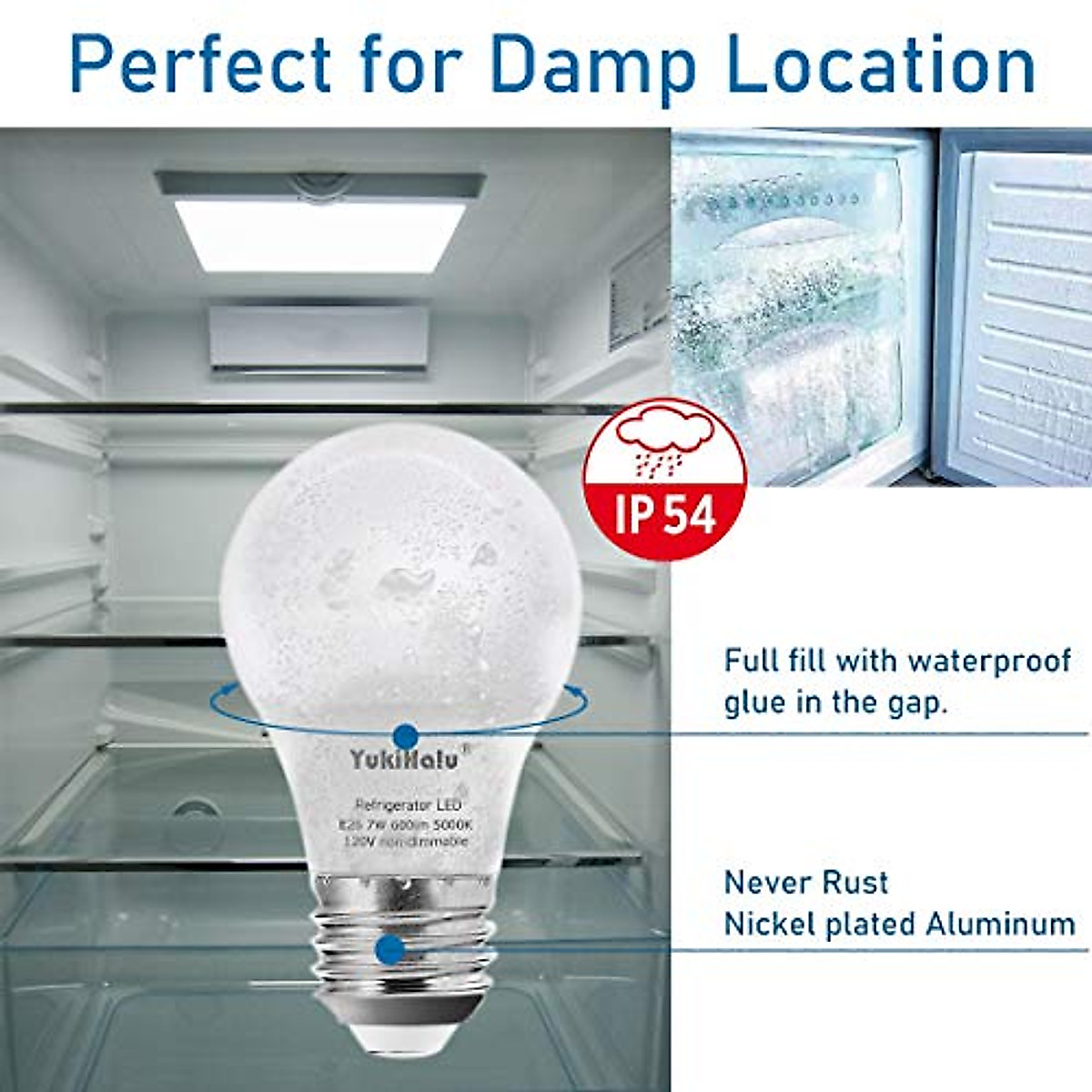 YukiHalu, LED Refrigerator Light Bulb 60W Equivalent A15 Appliance Fridge Bulbs, Waterproof 600 Lumen 7W 120V Daylight 5000K E26 Medium Base, Small Size Bulb for Damp Location, Not-Dim, 2-Pack
