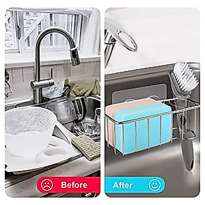FEBBI Sponge Holder, SUS304 Stainless Steel Kitchen Sink Organizer, Sponge & Brush Holder 2-in-1 Sink Caddy Rust Proof, Water Proof & No Drilling(Come with 2 PCS Adhesives)