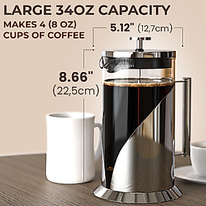 Cafe Du Chateau French Press Coffee Maker - Heat Resistant Glass with 4 Level Filtration System, Stainless Steel Housing - Brews Coffee and Tea - Large 34 Oz Carafe Coffee Presser