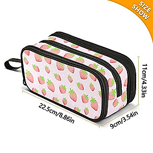XUWU Pink Strawberry Large Capacity Pencil Case 3 Compartments Big Storage Pouch Desk Organizer Stationery Makeup Bag Marker Pen Case for Teen Boys Girls School Students