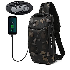 OZUKO Men Sling Backpack Nylon Water Resistant Shoulder Chest Crossbody Sling Bag with USB Charging Port Black (Camouflage)