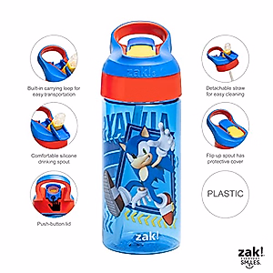 Zak Designs Sonic the Hedgehog Kids Water Bottle with Spout Cover and Built-in Carrying Loop, Made of Durable Plastic, Leak-Proof Water Bottle Design for Travel (17.5 oz, Non-BPA, Pack of 2)