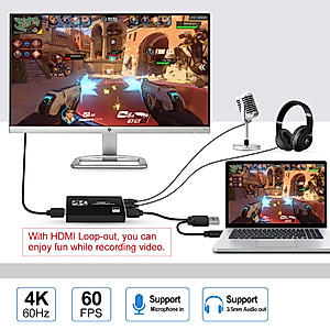 MOYOON Capture Card USB 3.0, 4K HDMI Video Capture Card to USB/Type-C with Microphone & HDMI Loop-Out, Capture Card 1080p 60fps for streaming, Compatible with Nintendo Switch/Game Console/Phone