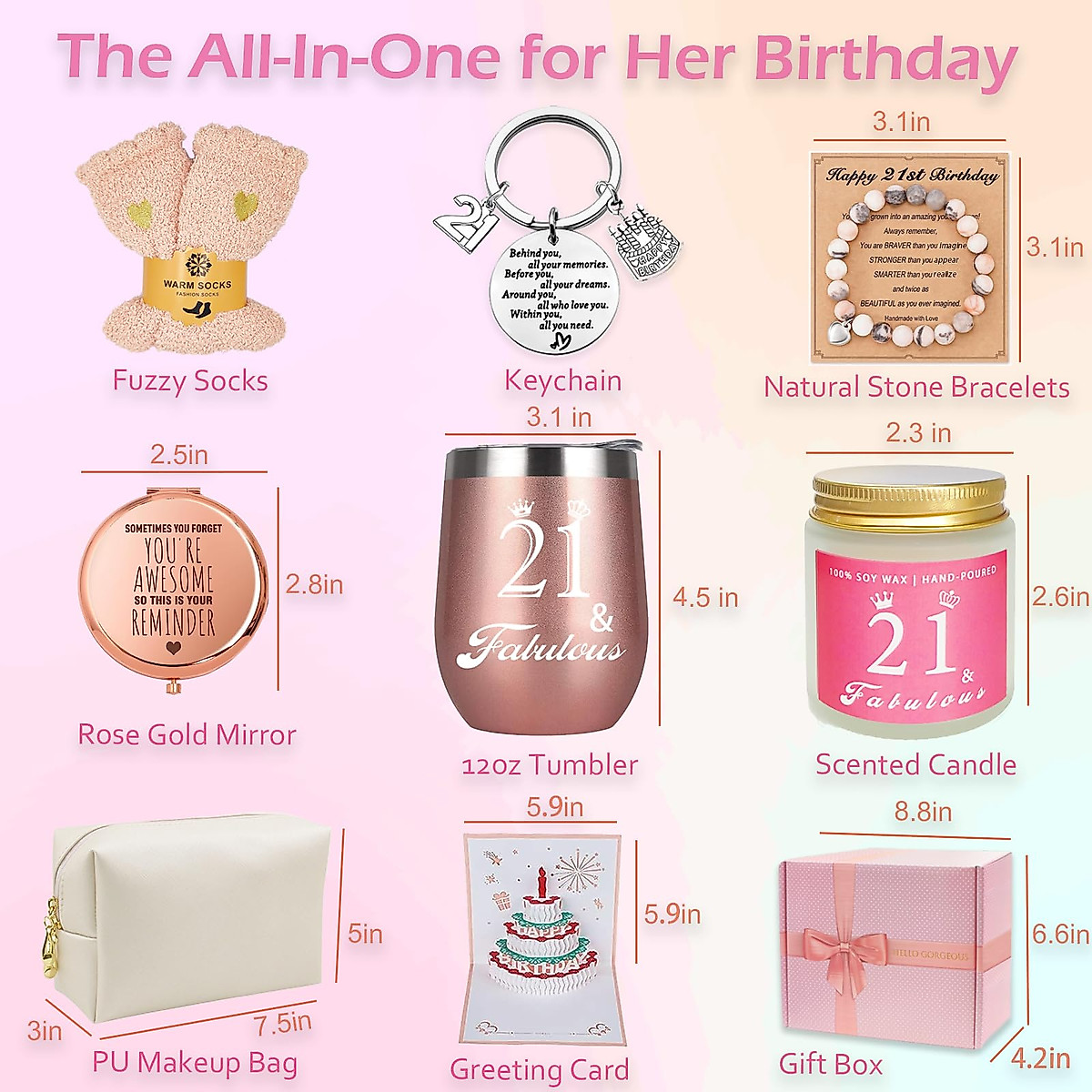 21st Birthday Gifts For Her - Happy 21 Year Old Gift Box for Women, Best Friends, Female Daughter, Sister, Girlfriend, Coworker, Bestie - Unique Basket