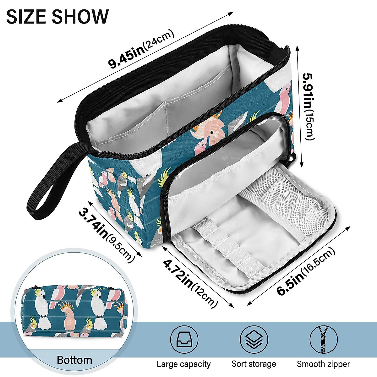 Yasala Pencil Case Cockatoo Cartoon Pen Pouch Holder Art Kits Storage Bag Cosmetic Organizer Carrying Case for Office Supplies Travel Bag for Makeup Large Stationary Bag with Handle