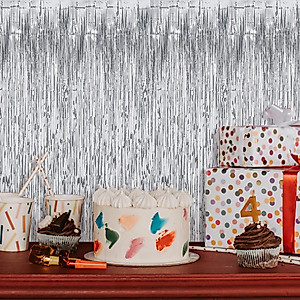 4 Pack 3.2ft x 8.2ft Silver Foil Fringe Curtain Backdrop Metallic Tinsel Foil Fringe Curtains Photo Booth Backdrop for Birthday Party Decorations Christmas Baby Shower Party Decorations (Silver)