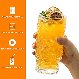 Romantic Highball Drinking Glasses Set of 4, Beaded Glassware, 16oz XL Hobnail Glassware, Vintage Glassware Set, Embossed Vintage Drinking Glasses for Beer, Cocktail, Soda, Beverage (16oz with lid)