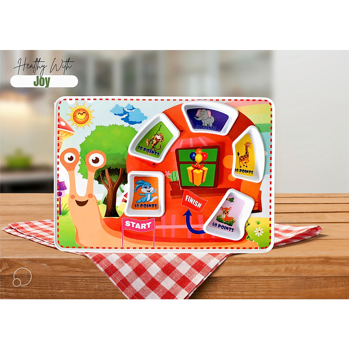 K'ONIJO Kids Divided Plate. Fun Game Tray With 5 Food Portions & 1 Extra for Surprise. Compatible With Picky Eater Toddler. Eat, Play, Win (Joy)