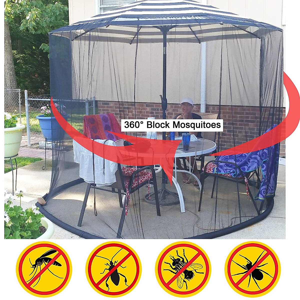 7.5-11 FT Patio Umbrella Mosquito Net, Polyester Mesh Umbrella Screen, Universal Canopy Umbrella Mosquito Netting with Zipper Door and Adjustable Rope, Fit Outdoor Umbrellas and Patio Tables