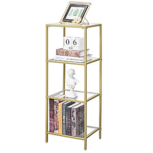 Homhedy 4-Tier Bookshelf,Metal Bookcase,Tempered Glass Shelves,Storage Rack Shelf for Home Office,Living Room,Bedroom, Bathroom,Modern Style,Golden