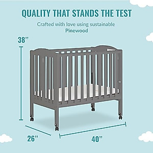 Dream On Me 2-in-1 Portable Folding Stationary Side Crib in Storm Grey, Greenguard Gold Certified, Two Adjustable Mattress Height Positions,Made of Solid Pinewood, Flat Folding Crib