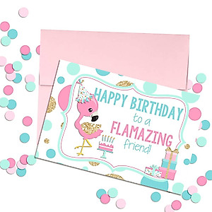 FLAMAZING Friend Flamingo Themed Birthday Pun Themed Single (1) All Occasion Blank Birthday Card To Send To Friends & Family, 4"x 6" (when folded) Fill In Greeting Note Card by AmandaCreation