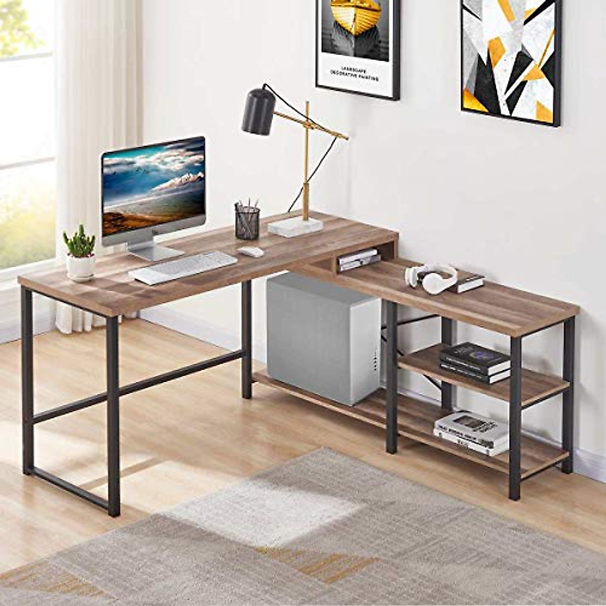 BON AUGURE L Shaped Computer Desk with Storage - Industrial Farmhouse Style