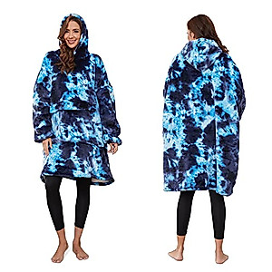 Esran Wearable Blanket Hoodie Sweatshirt for Women and Men with Sleeves and Big Pockets Super Warm One Size Fits All(Dark Blue Tie-dye)