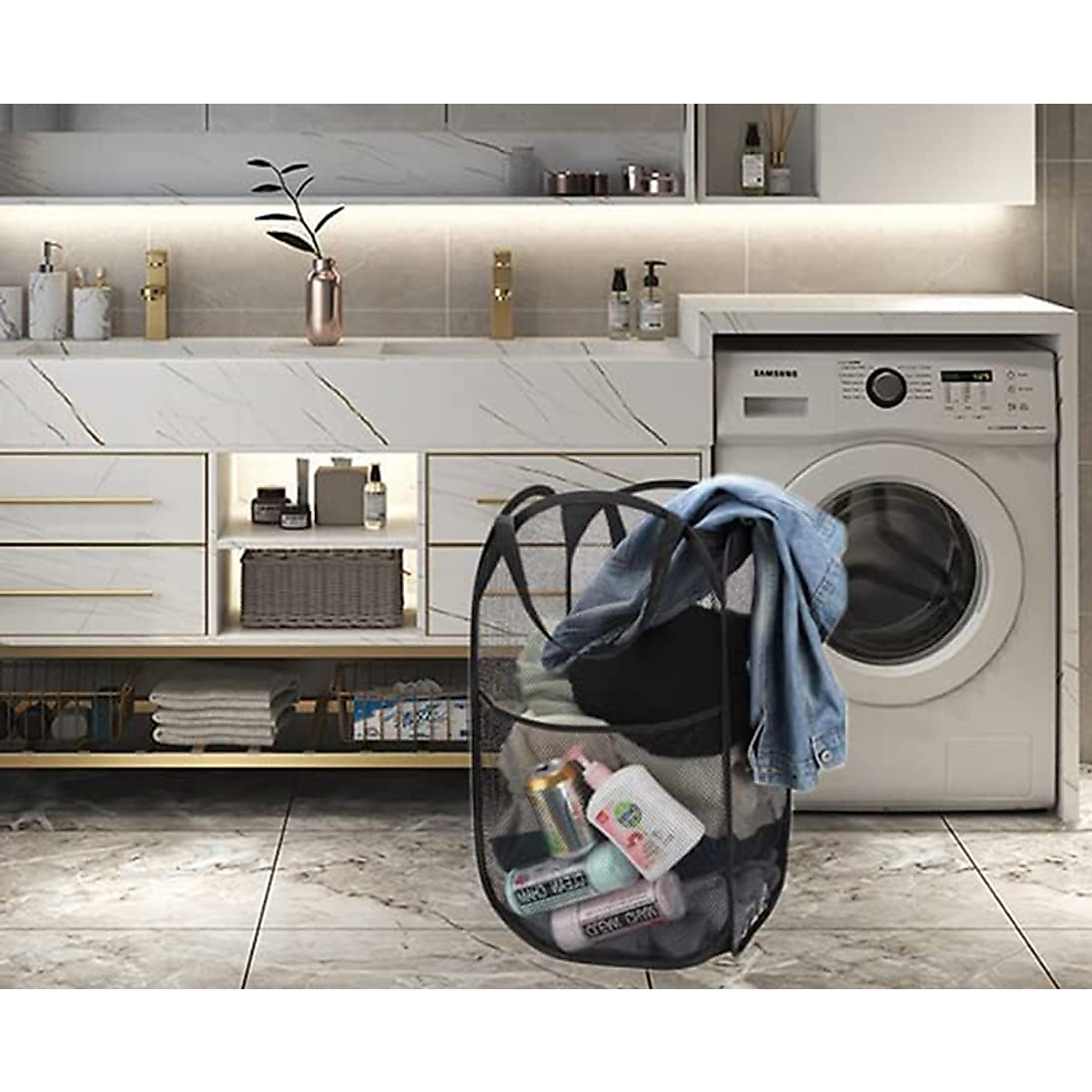 Buenod Mesh Pop up Laundry Hamper with Portable, Durable Handles, Collapsible Laundry Basket for Storage, Folding Pop-Up Clothes Hampers for Kids Room, College Dorm or Travel, Cruise, Black