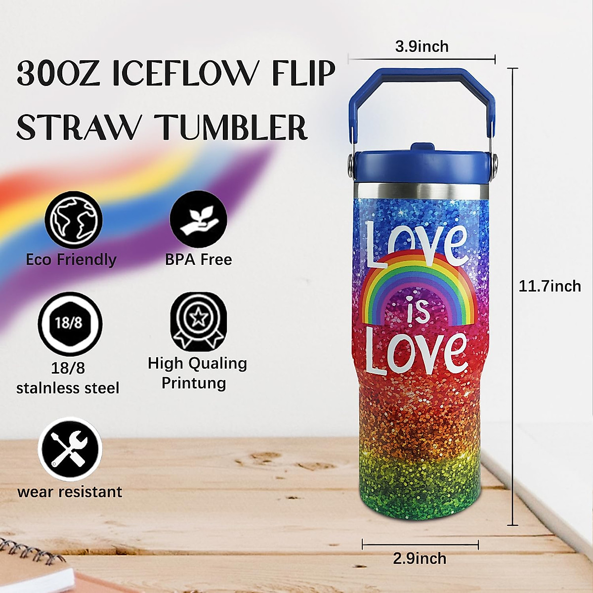 Pride Tumbler - Pride Gifts for Women Men - 30oz Rainbow Pride Month Insulated Tumbler with Handle and Flip Straw, Perfect LGBTQ Gifts for Lesbian/Gay/Bisexual