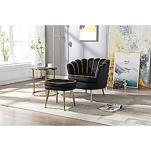 Modern Velvet Accent Chair with Ottoman Set, Upholstered Tufted Barrel Chair Leisure Chair with Footrest and Metal Legs for Living Reading Room Bedroom Office (Black)