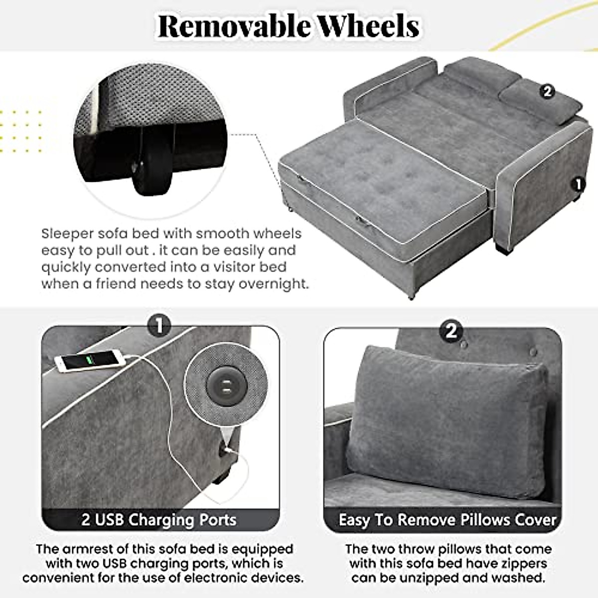 Gynsseh Pull Out Sofa Sleeper, 3 in 1 Convertible Sleeper Sofa Bed with Dual USB Ports and 2 Pillows, Linen Upholstered Adjustable Loveseat Couch with Pull Out Bed for Living Room (Blue Gray)