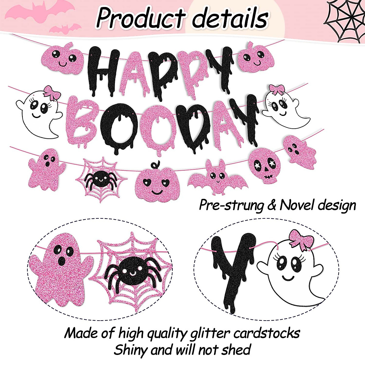 Happy Boo Day Banner Pink Black Halloween Ghost Bat Little Boo Themed for Girl Halloween Happy Boo Day Baby Shower Party Supplies Glitter Halloween Decorations