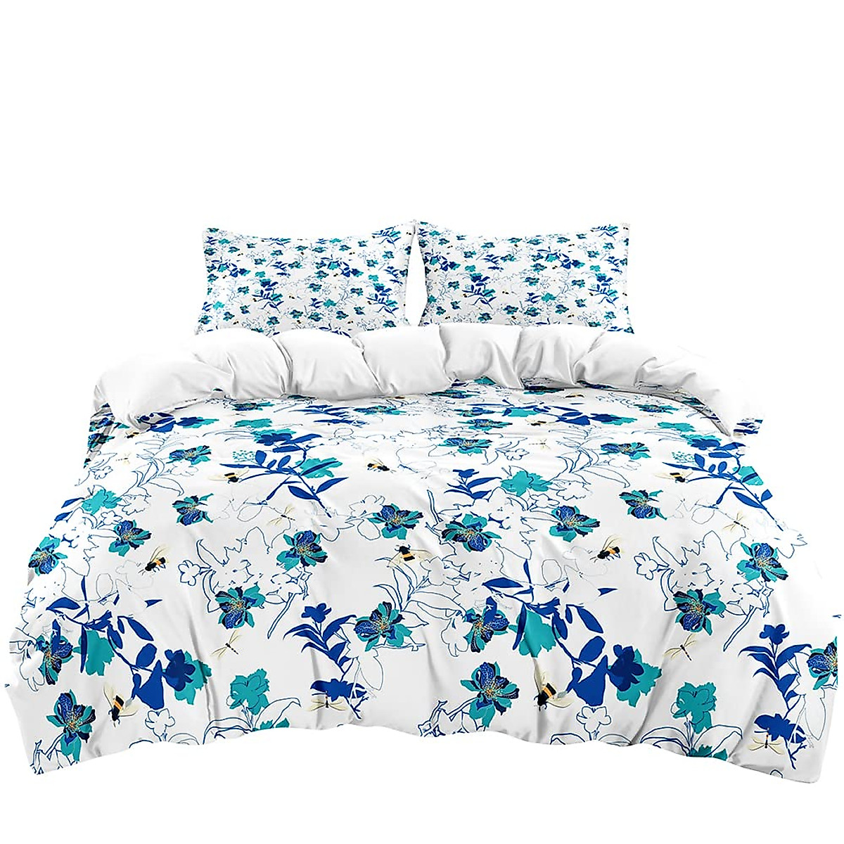 Abosbeet Blue Plant Flower King Duvet Cover Sets Farmhouse Botanical Floral Comforter Cover Sets 2 Pillowshames Bee Print Bedding Sets Soft Polyester Bedroom Decor