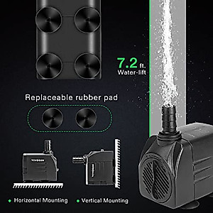 VIVOSUN 480GPH Submersible Pump(1800L/H, 25W), Ultra Quiet Water Pump with 7.2ft High Lift, Fountain Pump with 5ft Power Cord, 3 Nozzles for Fish Tank, Aquarium, Statuary, Hydroponics