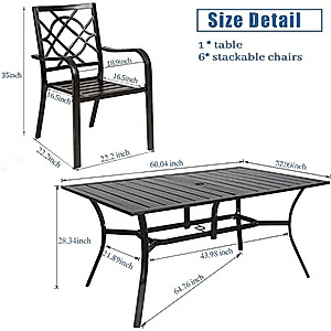 SOLAURA 7-Piece Outdoor Patio Dining Set, 6 Person Garden Dining Set Furniture with Slat Table Top/Backyard Stacked Chairs, 1.57" Umbrella Hole (Black)