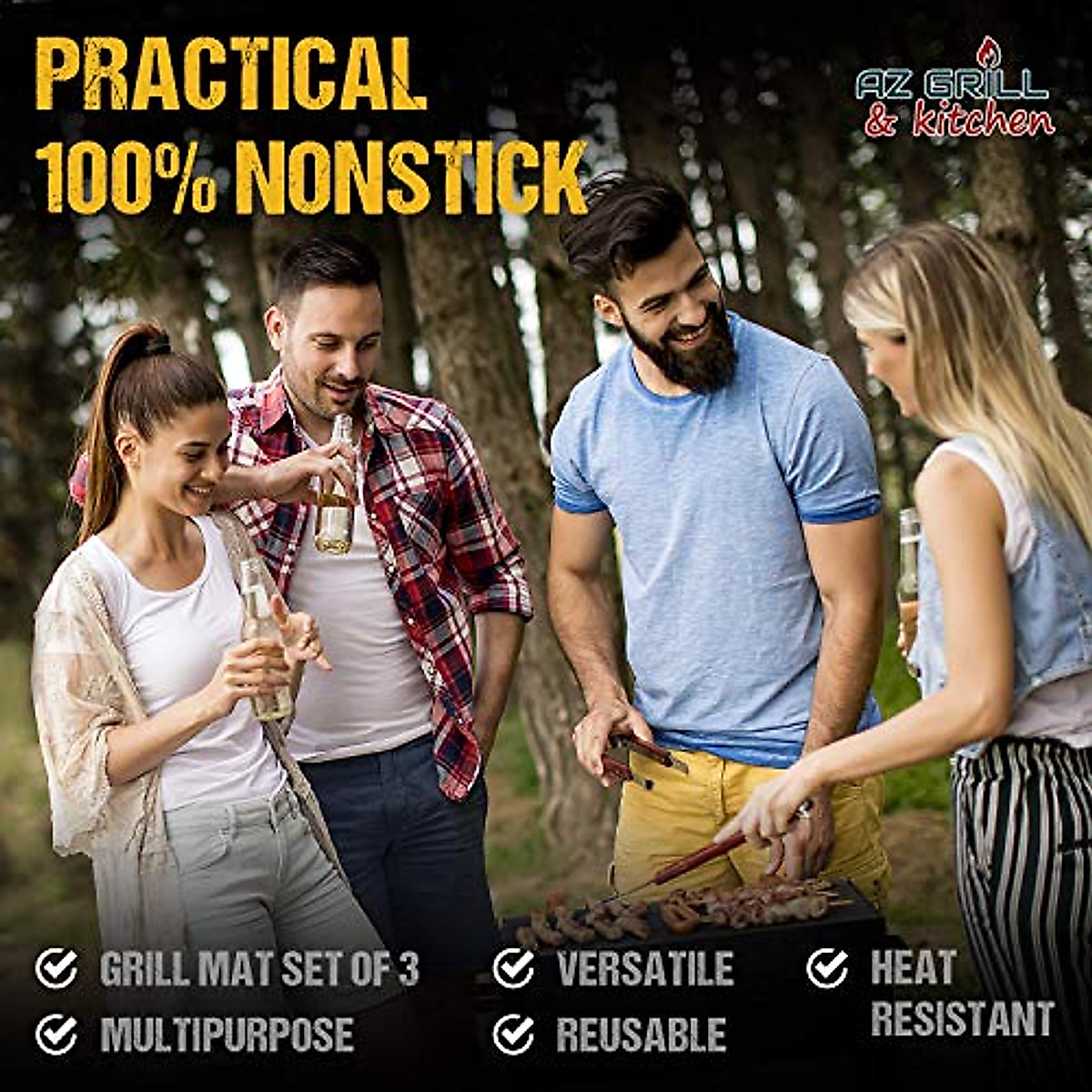 Grill mat Set of 3 - Non Stick BBQ Grill Sheets Reusable - Grill Pads Nonstick - Baking Grilling Mats compatible with Charcoal Gas Weber Charbroil Traeger Grills - Outdoor Barbecue Accessories Black