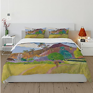 RIVINE Paul Gauguin Style Duvet Cover Set 3 Pieces Tahitian Landscape, 1891 Ultra Soft Bedroom Bedding Set with 2 Pillow Shams 4 Ties Zipper Twin XL