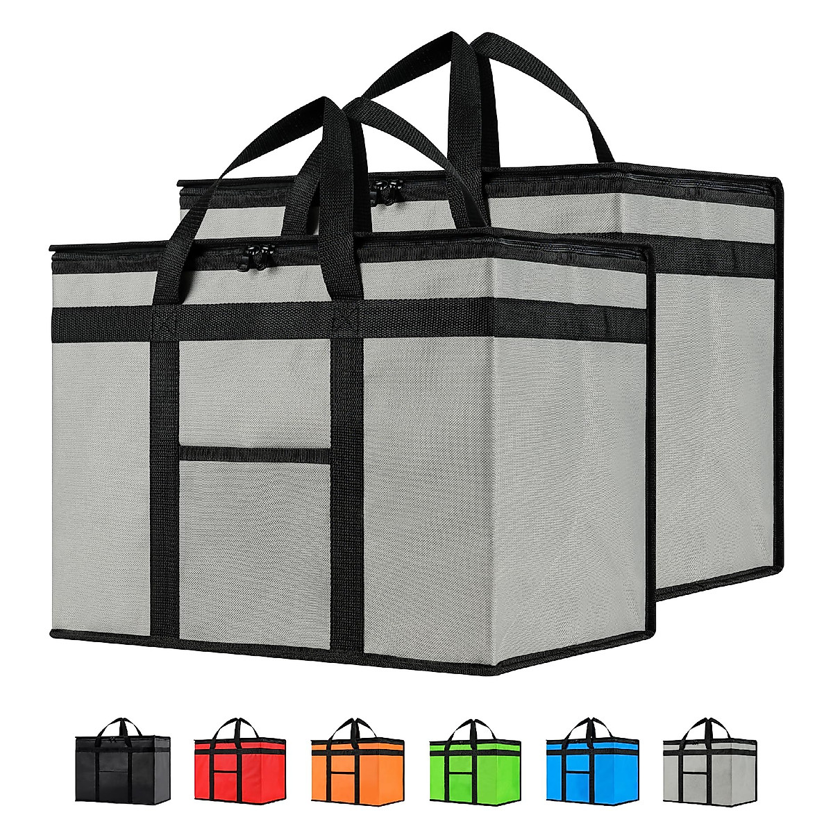 NZ home Insulated Cooler Bag and Food Warmer (XL Plus, 2 Pack) for Delivery & Grocery Shopping with Zippered Top, Gray