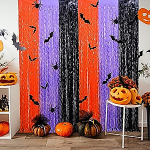 Mega-L Halloween Foil Fringe Curtains, 3 Pack Orange Purple Black Photo Booth Props, 18 Pcs PVC Bat & Spider Stickers Wall Decals, Halloween Photo Backdrop Wall Decor for Halloween Party Decorations