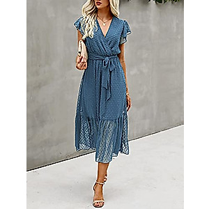 BTFBM Women Summer Bohemian Floral Casual Wrap V Neck Ruffle Cap Sleeveless Belt A-Line Pleated Hem Swing Midi Sun Dress (Swiss Dot Grey Blue, m)