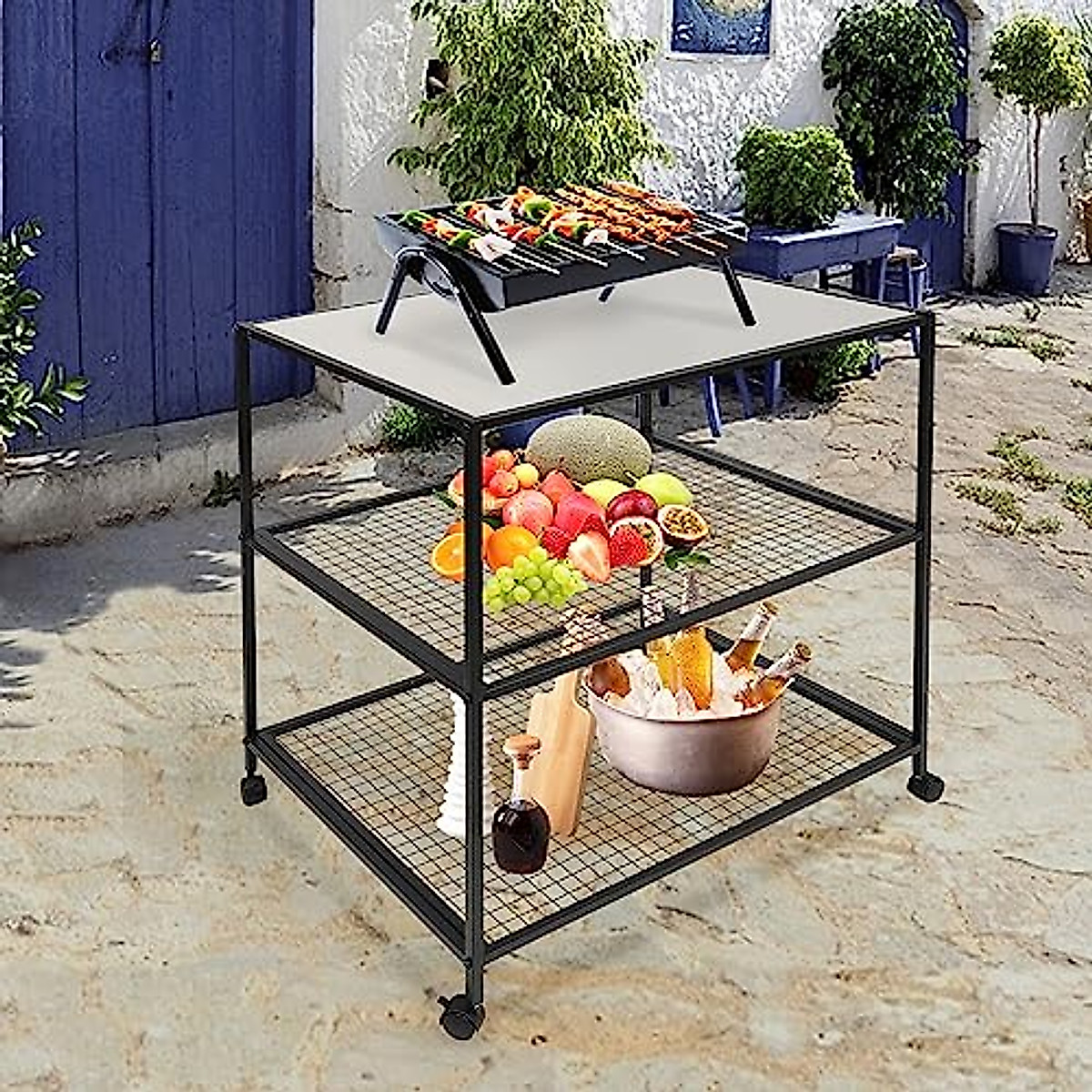 YETINGSHOP Three-Shelf Movable Food Prep and Work Cart Table Stainless Steel Grill Cart Cart Modular Table Suitable for Camping, Indoor and Outdoor, Dining Tables (Without a Handle)