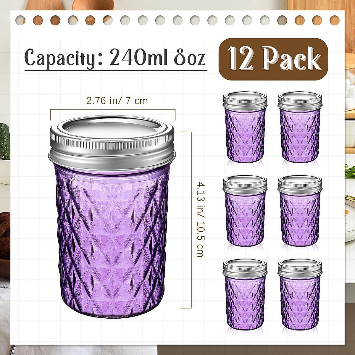 Zhehao 12 Pcs Mason Canning Jars 8 oz Jelly Jars with Regular Lids Mini Honey Jars for Wedding Shower Favors DIY Projects Candle Holding Spice Jam Fruit Smoothie Salad Dressing Ketchup (Purple)