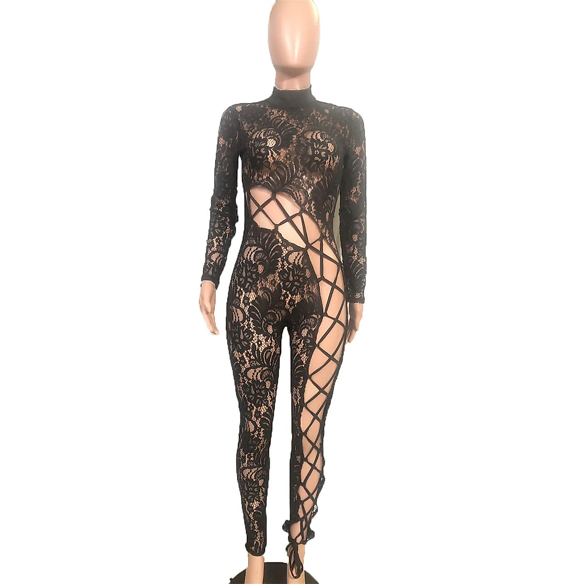 Maiyifu-GJ Women's Floral Lace Bodycon Jumpsuit Long Sleeve See Through Mesh Romper Criss Cross Hollow Out Teddy Clubwear (Black,Small)
