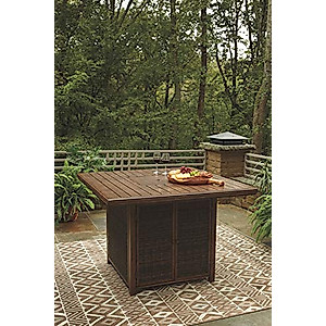 Signature Design by Ashley Paradise Trail Square Bar Table with Fire Pit, Medium Brown