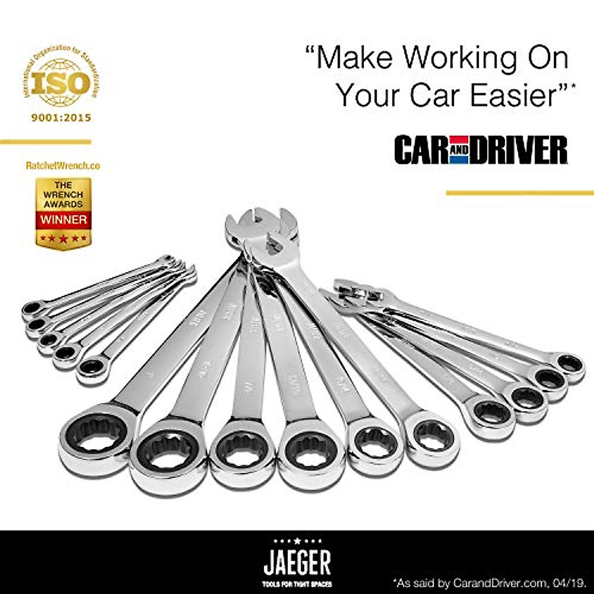 Jaeger 15pc Inch TIGHTSPOT 90-Tooth Ratcheting Wrenches MASTER SET - Our LARGEST SAE/INCH SET With Bear Keeper Rollup Case