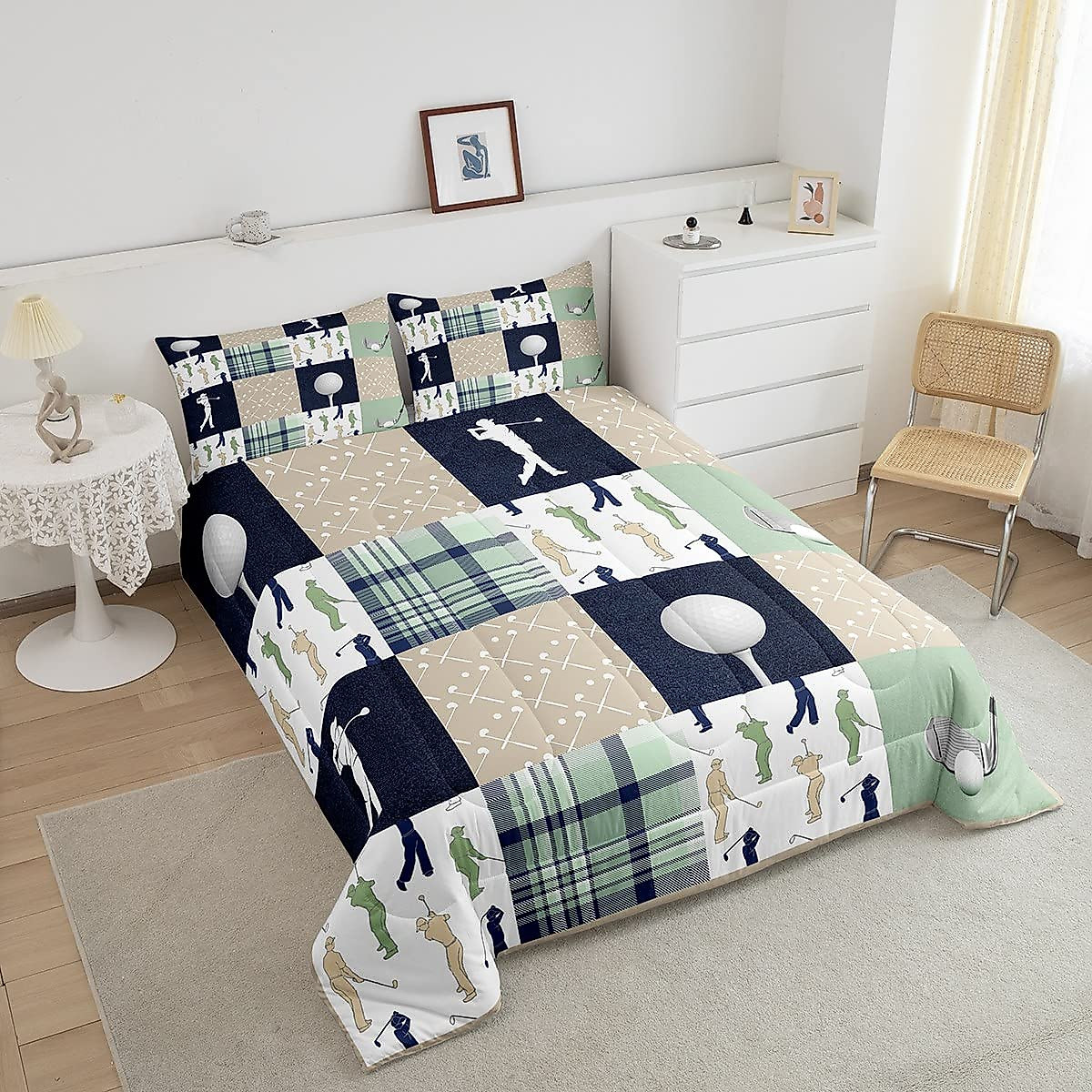 Castle Fairy Golf Plaid Comforter Set Twin Size,Ball Sports Lover Style Bedding Set for Kids Boys Men,Green Buffalo Grid Geometric Quilted Duvet Set with 1 Pillowcase