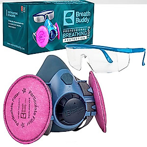 Breath Buddy Respirator Mask (Plus Safety Glasses) Reusable Professional Breathing Protection Against Dust, Lead Paint (750P3)