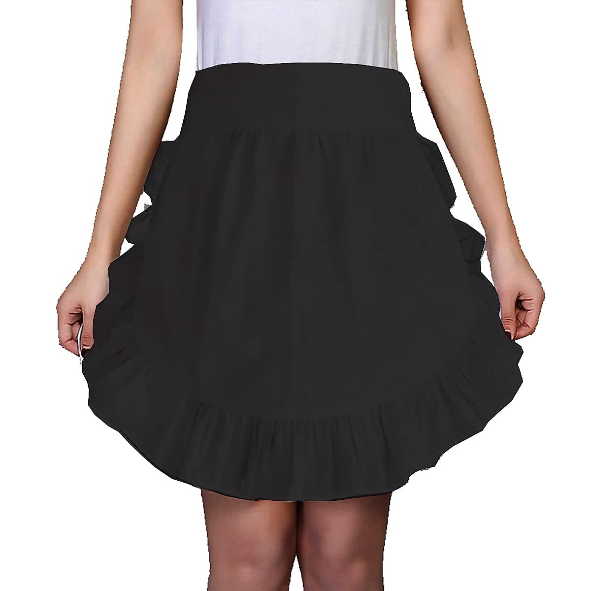 Hyzrz Waist Ruffle Adjustable Apron Kitchen Cooking Restaurant Cotton Bistro Retro Half Aprons with Pockets For Girl Woman (Black)