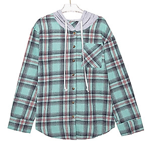 Knemksplanet Women Plaid Hooded Shirt Drawstring Flannel Sweatshirt Hoodie Jacket Casual Button Down Blouse Tops with Pocket Light Green