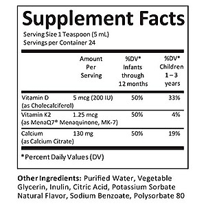 Kiddivit Baby Calcium Liquid Drops with Vitamin D3 & K2-24 Daily Servings, 4 Fl Oz (120 mL) - Inulin Fortified (Prebiotic, Dietary Fiber) - Sugar Free, Gluten Free, Vegetarian Friendly