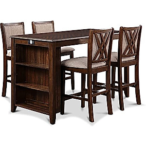 New Classic Furniture Amy Kitchen Counter Island Dining Table for 4 with Storage Shelf & USB Chargers, Traditional Brown Cherry