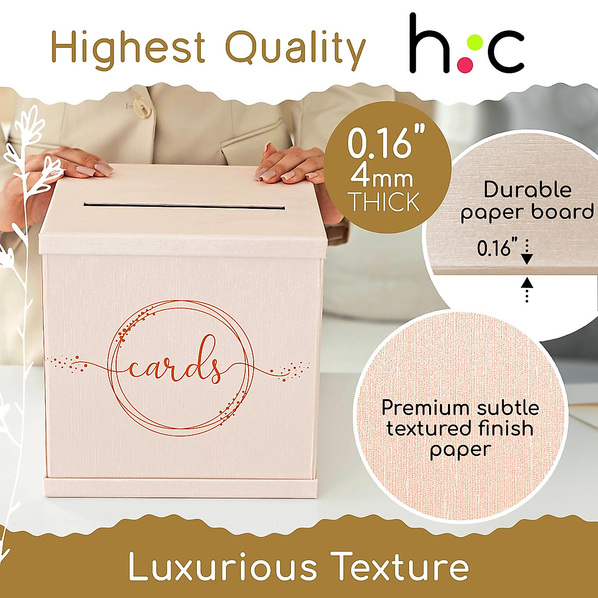 Hayley Cherie - Pink Gift Card Box with Rose Gold Foil Design- Textured Finish - Large Size 10" x 10" - For Wedding Receptions, Baby & Bridal Showers, Sweet 16, Birthdays, 21st Parties, Money